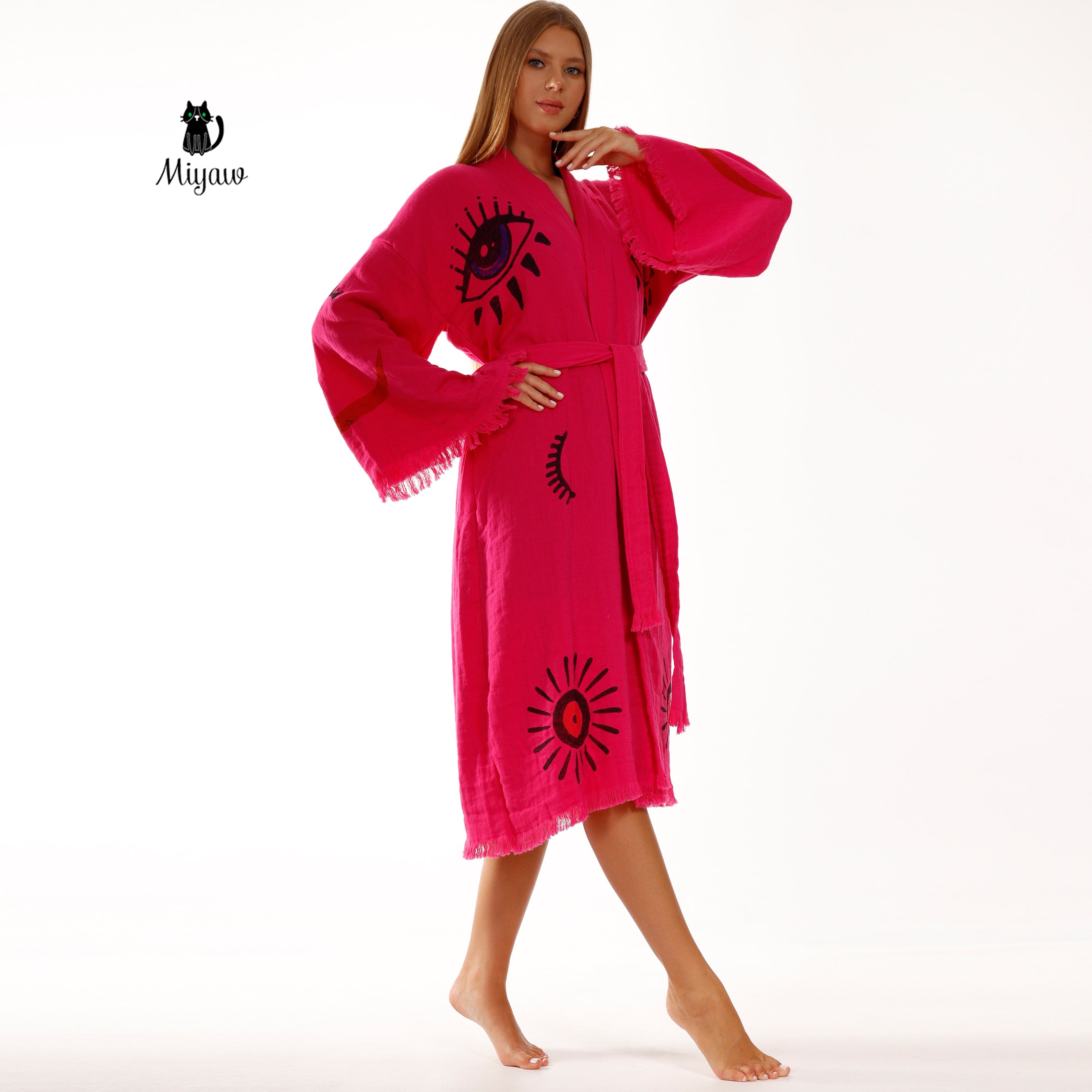 Handmade Fuchsia Long Sleeve Women's Robe for Home & Beach Comfort